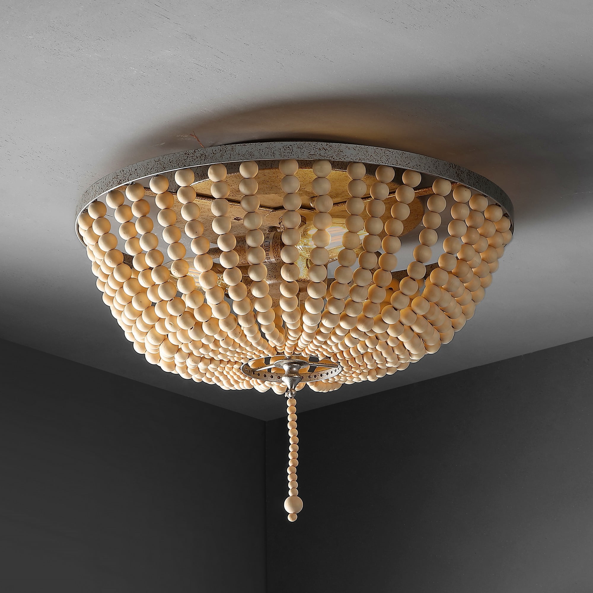 Allison 15" 3-Light Shabby Chic Farmhouse Wood Beaded/Metal LED Flush ...