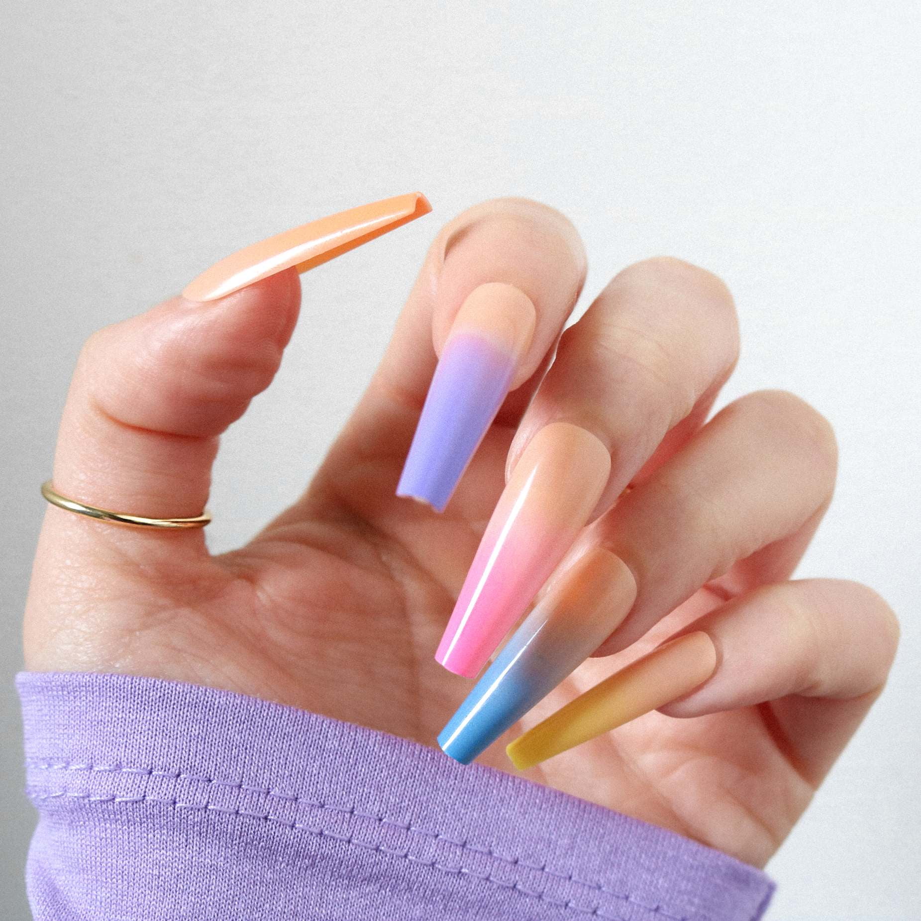 Allkem Multi Ombre Ballerina Press on Nails | Glossy Extra Long Coffin ...