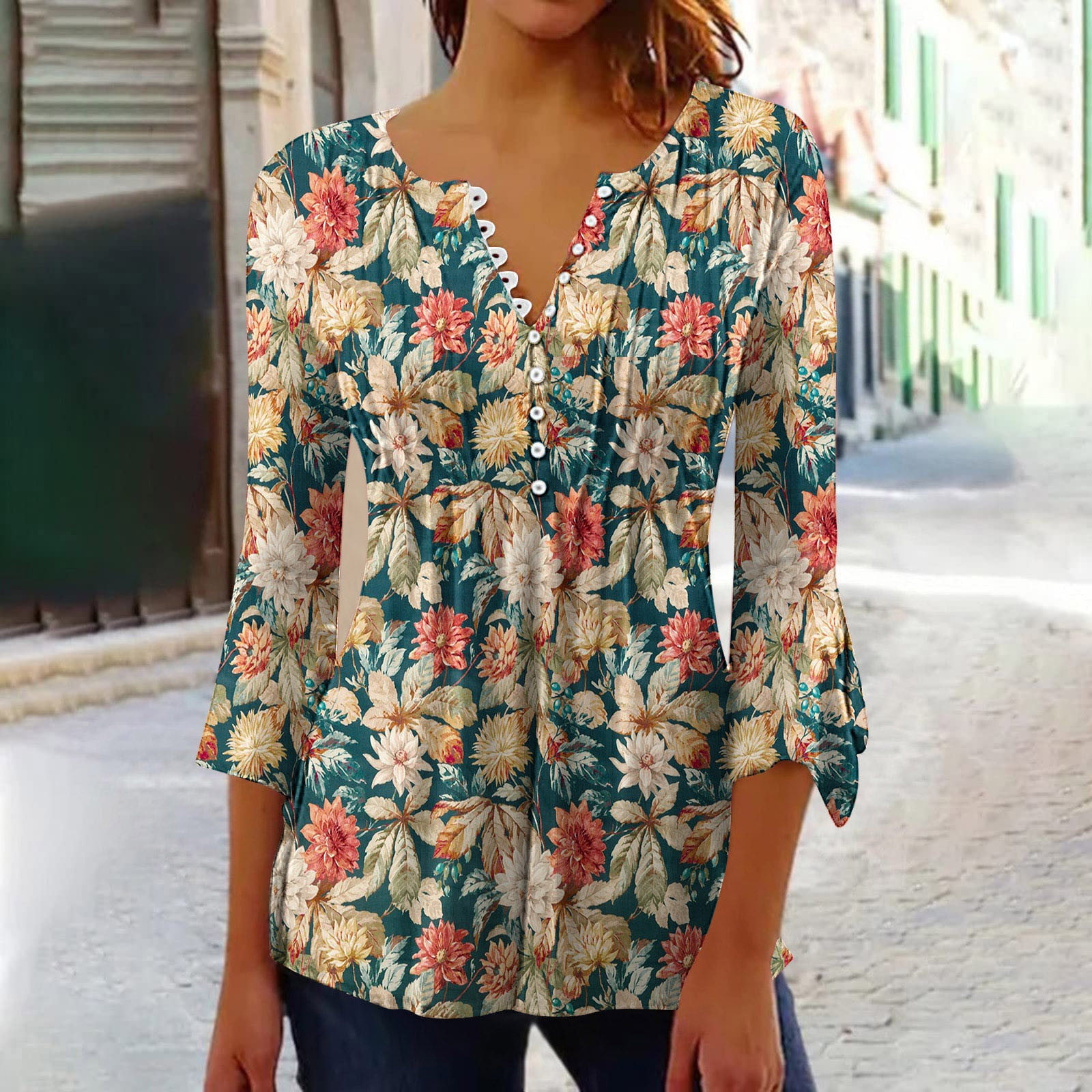 ALLLIST Beige Spring Tops for Women 2024 Trendy 3/4 Sleeve Floral ...