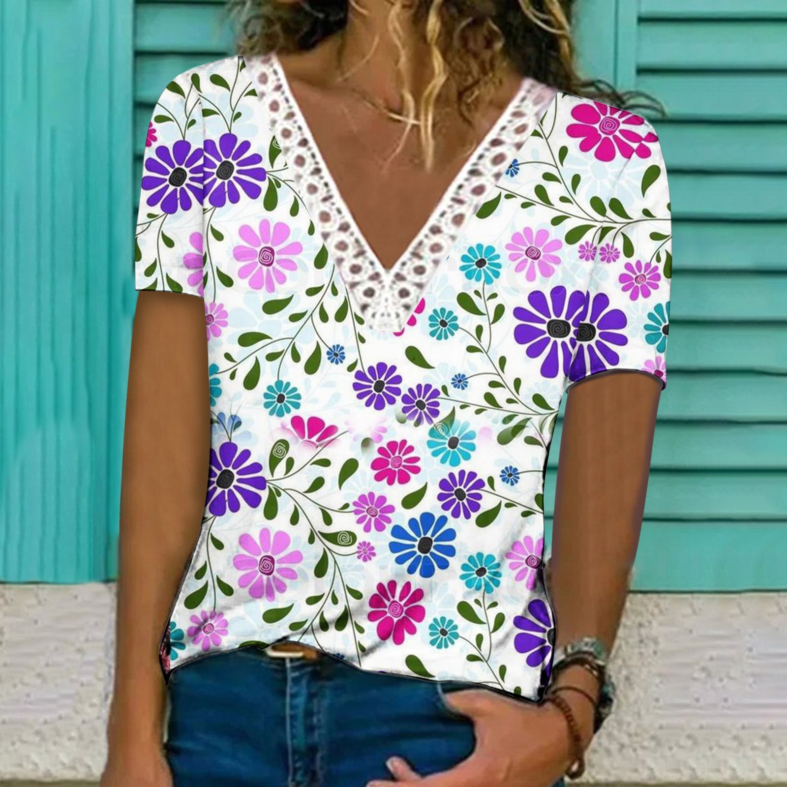 Alllist Spring Tops Short Sleeve V-Neck Floral T-Shirts Spring Blouses ...