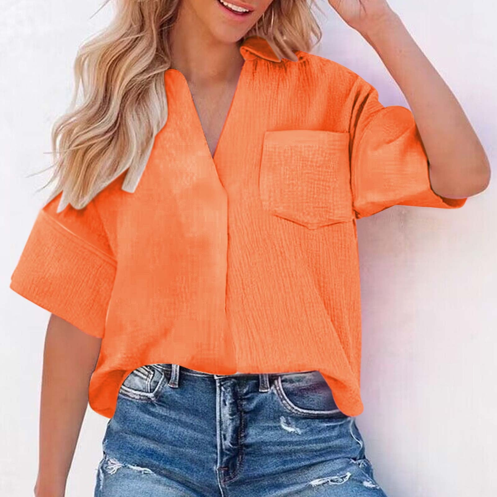 ALLLIST Womens Spring Tops Orange Solid Cotton And Linen Elbow-Length ...
