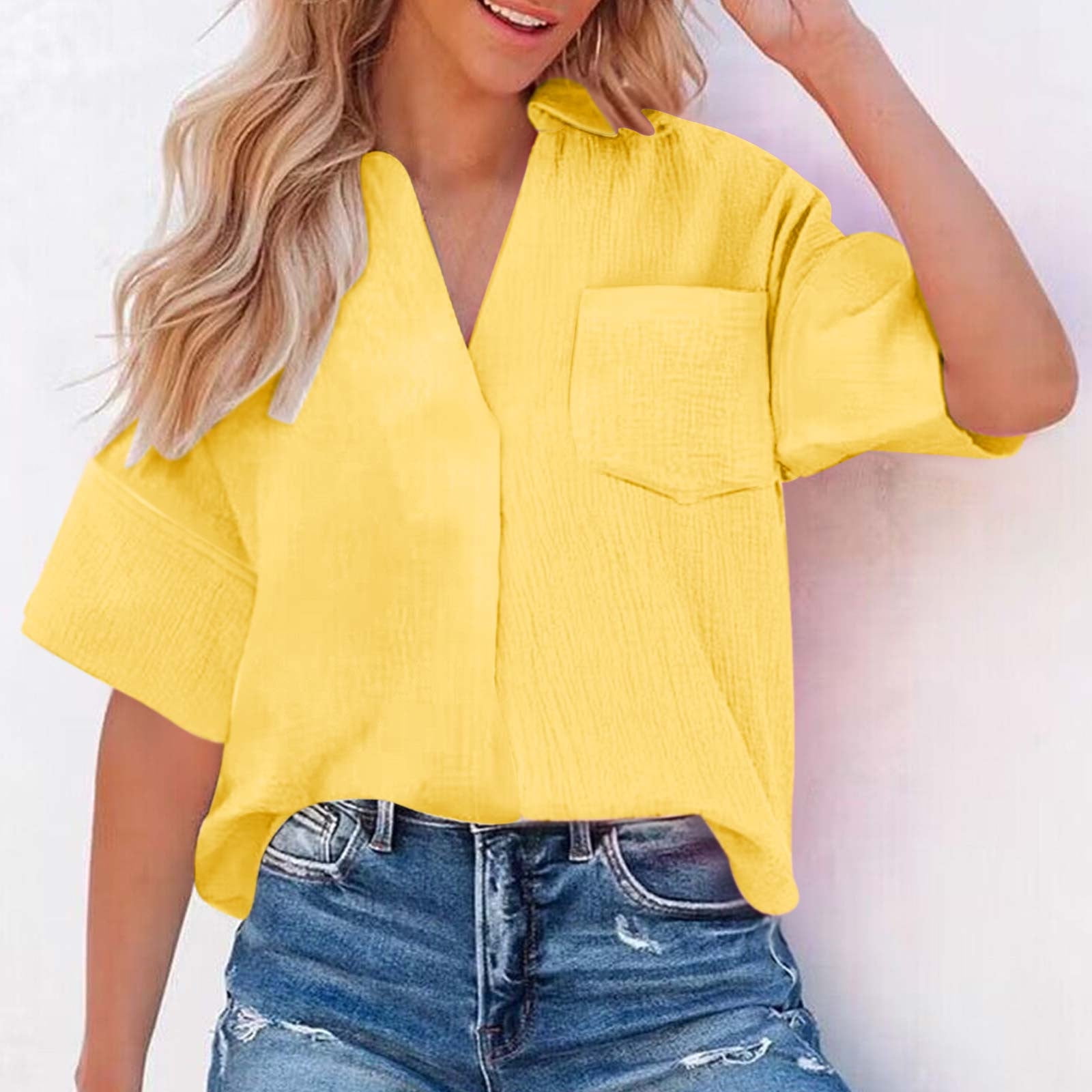 ALLLIST Womens Spring Tops Yellow Cotton And Linen Elbow-Length Solid ...