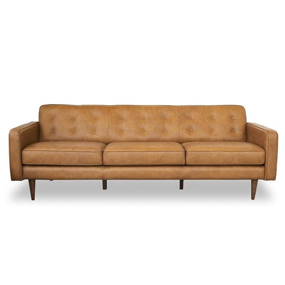 Allora Wood Frame and Tight Back Genuine Leather Sofa in Tan/Walnut ...