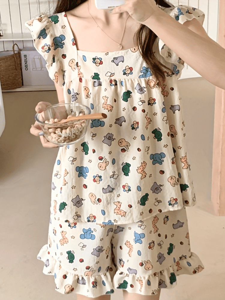Allover Cartoon Print Lounge Set Ladies Summer Cute Ruffle Sleeve ...