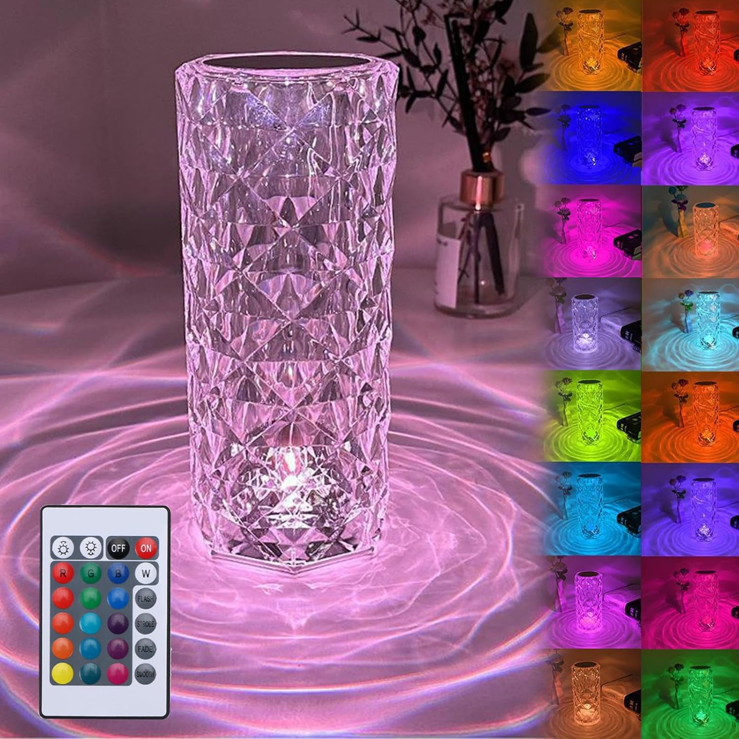 Allowance 16 Colors Rose Rays Crystal Diamond Table Lamp, Remote and ...