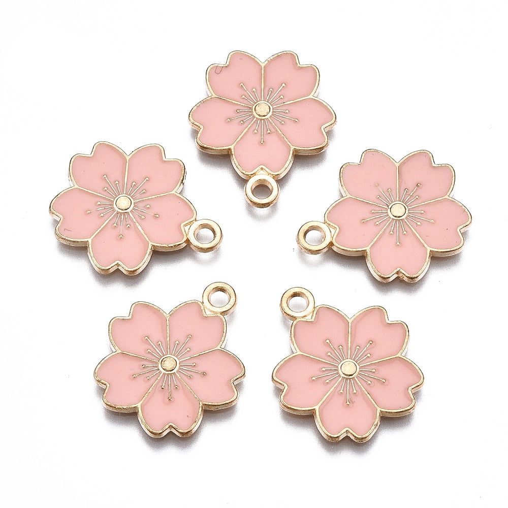 Alloy Enamel Pendants Sakura Flower Light golden Misty Rose 20.5x17.5x1 ...
