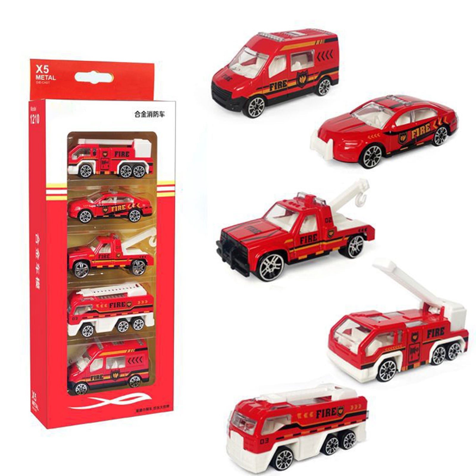 Alloy Fire Truck Set Toy Vehicles 5-Piece Miniature Fire Rescue Cars ...