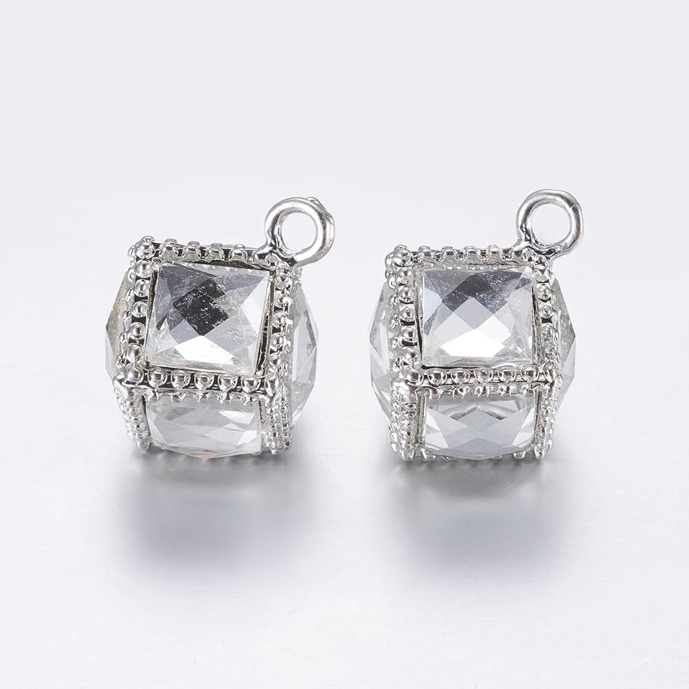 Alloy Glass Pendants Faceted Cube Platinum 22x16x15mm Hole: 3mm ...