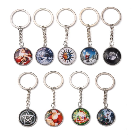 Alloy Keychain Jewelry with Glass Flat Round with Mixed Patterns ...