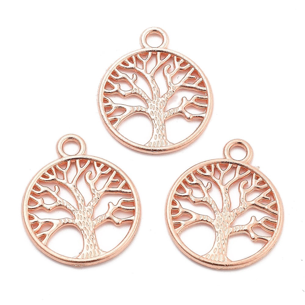 Alloy Pendants Flat Round with Tree of Life Charms Rose golden 37 ...