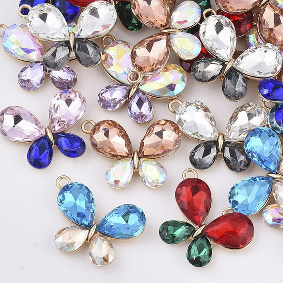 Alloy Pendants with Rhinestone Butterfly Light Gold Mixed Color 21x28 ...