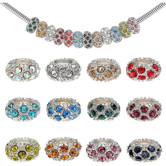 Alloy Rhinestone European Beads Large Hole Beads Rondelle Platinum ...
