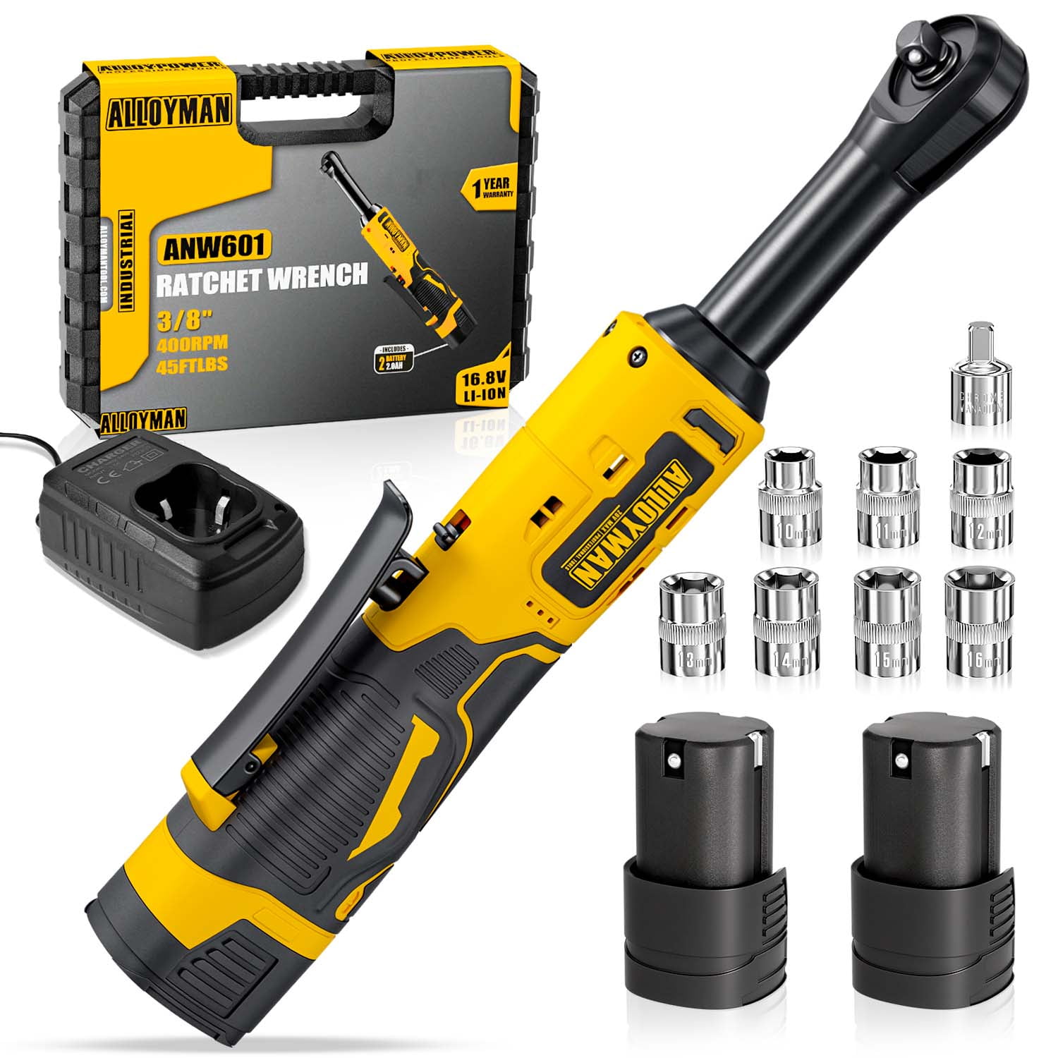 Alloyman 16.8V 2.0Ah Li-Ion Cordless Ratchet Wrench Kit, Yellow, 400 ...