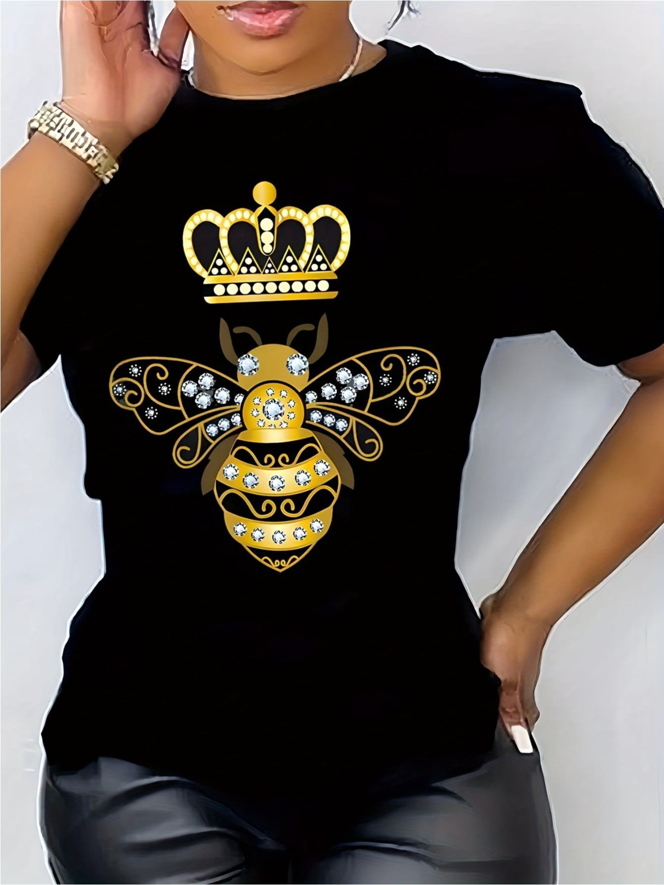 Allseason Wear | Women's Regular Size Cotton T-Shirt with Crown & Bee ...