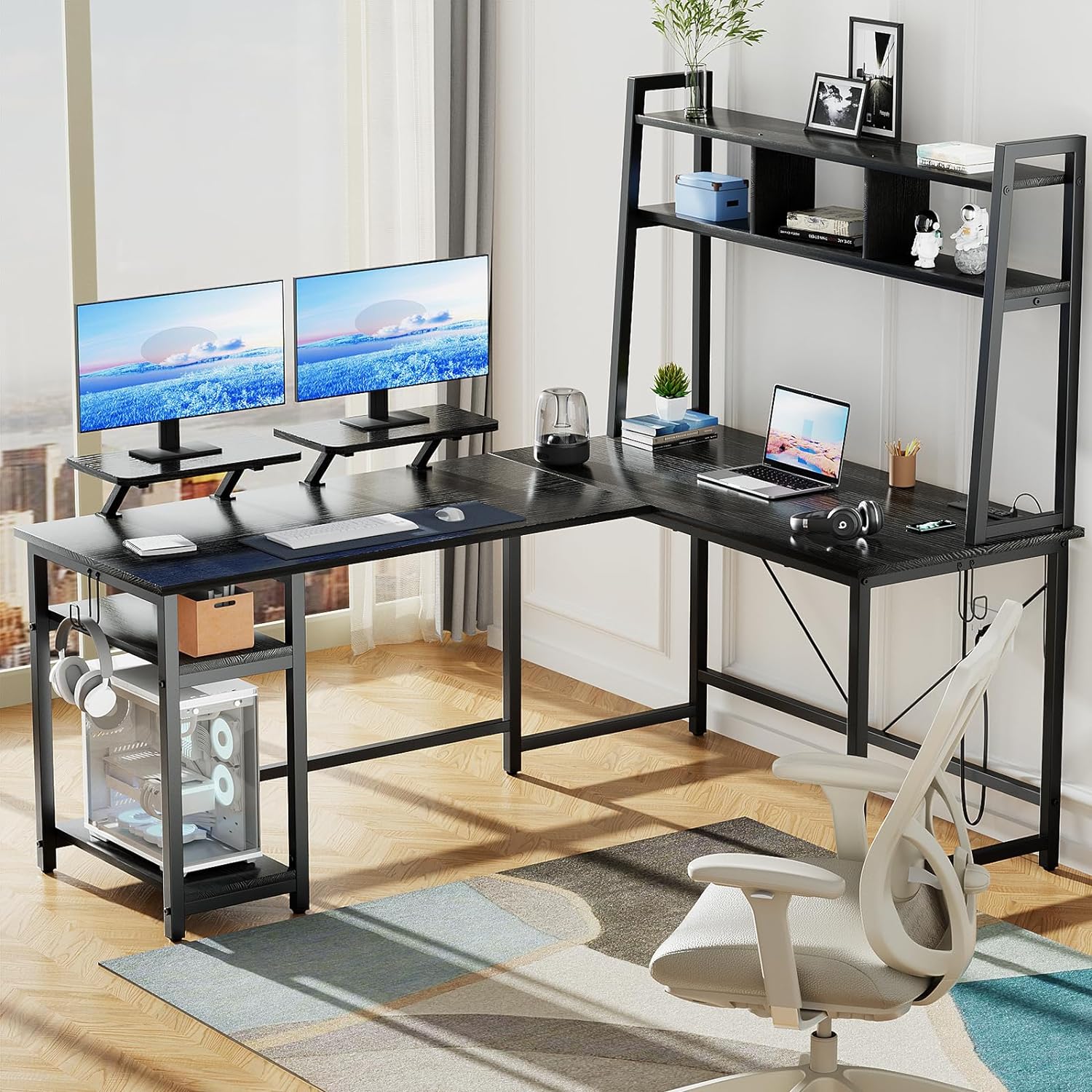 94.5" Home Office Desks, Computer Gaming Desk with Storage, LED Lights ...