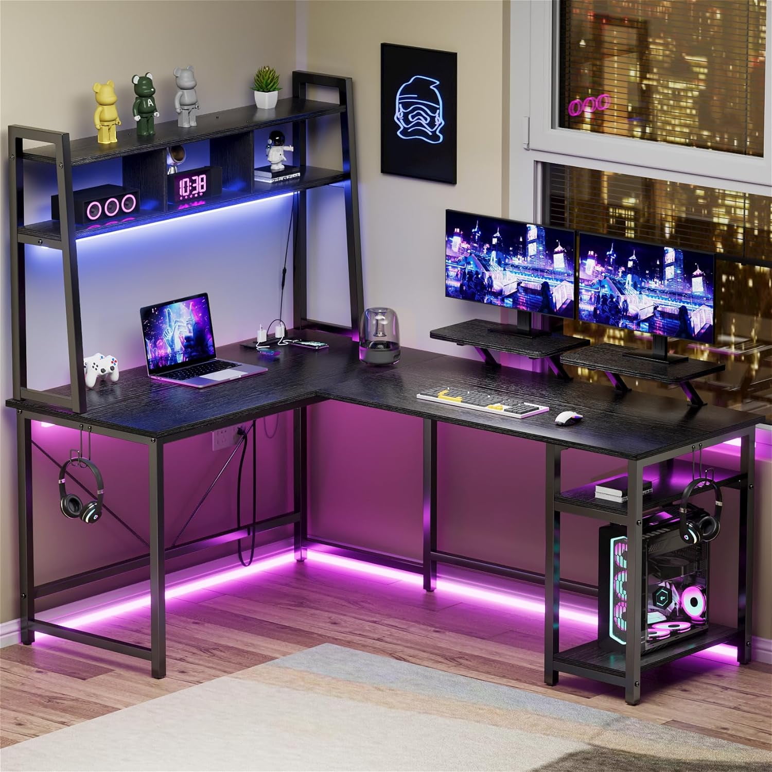 Allstand L Shaped Gaming Desk with Hutch, LED Lights & Power Outlets ...