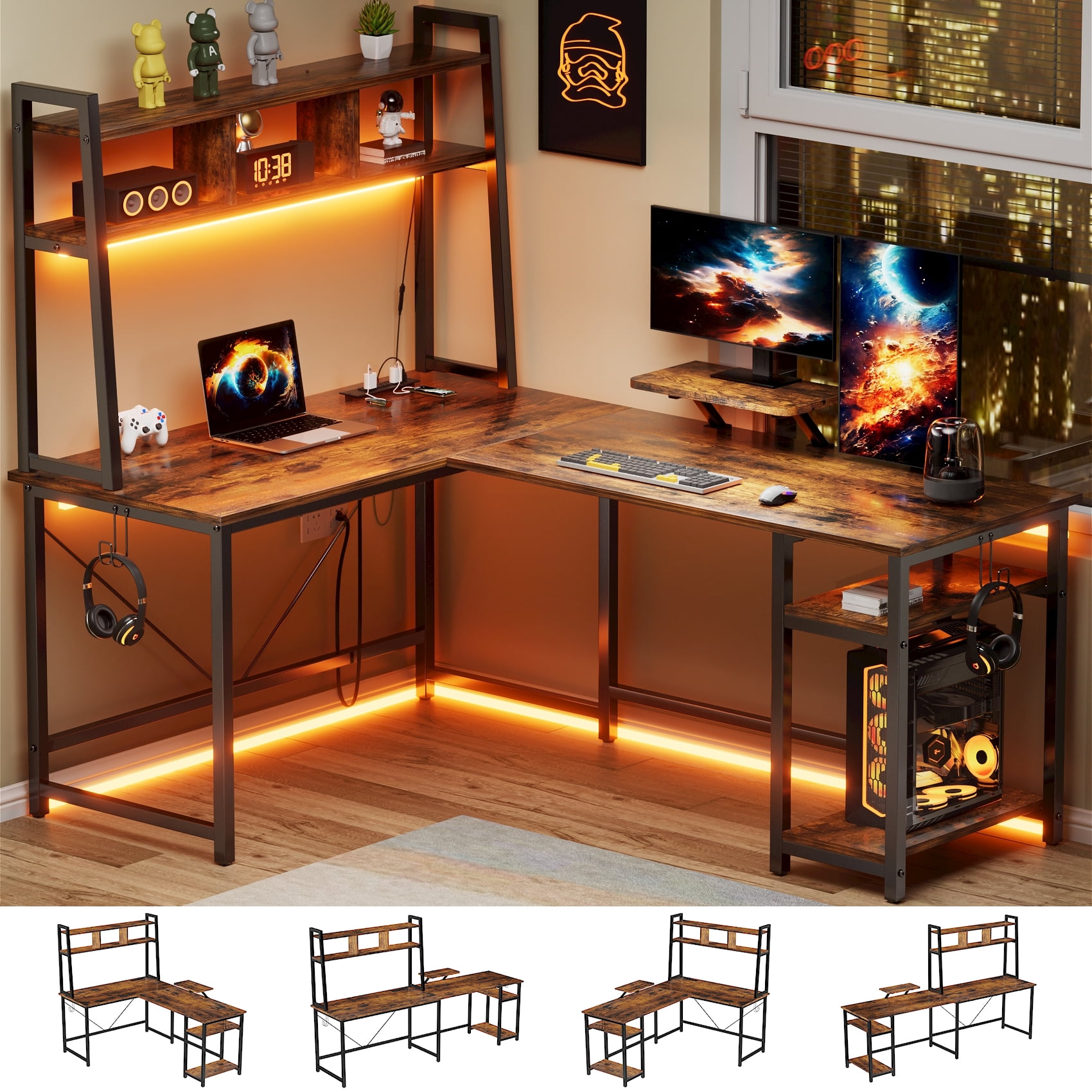 Allstand 94.5 inch L Shaped Gaming Desk with Hutch, LED Lights & Power ...