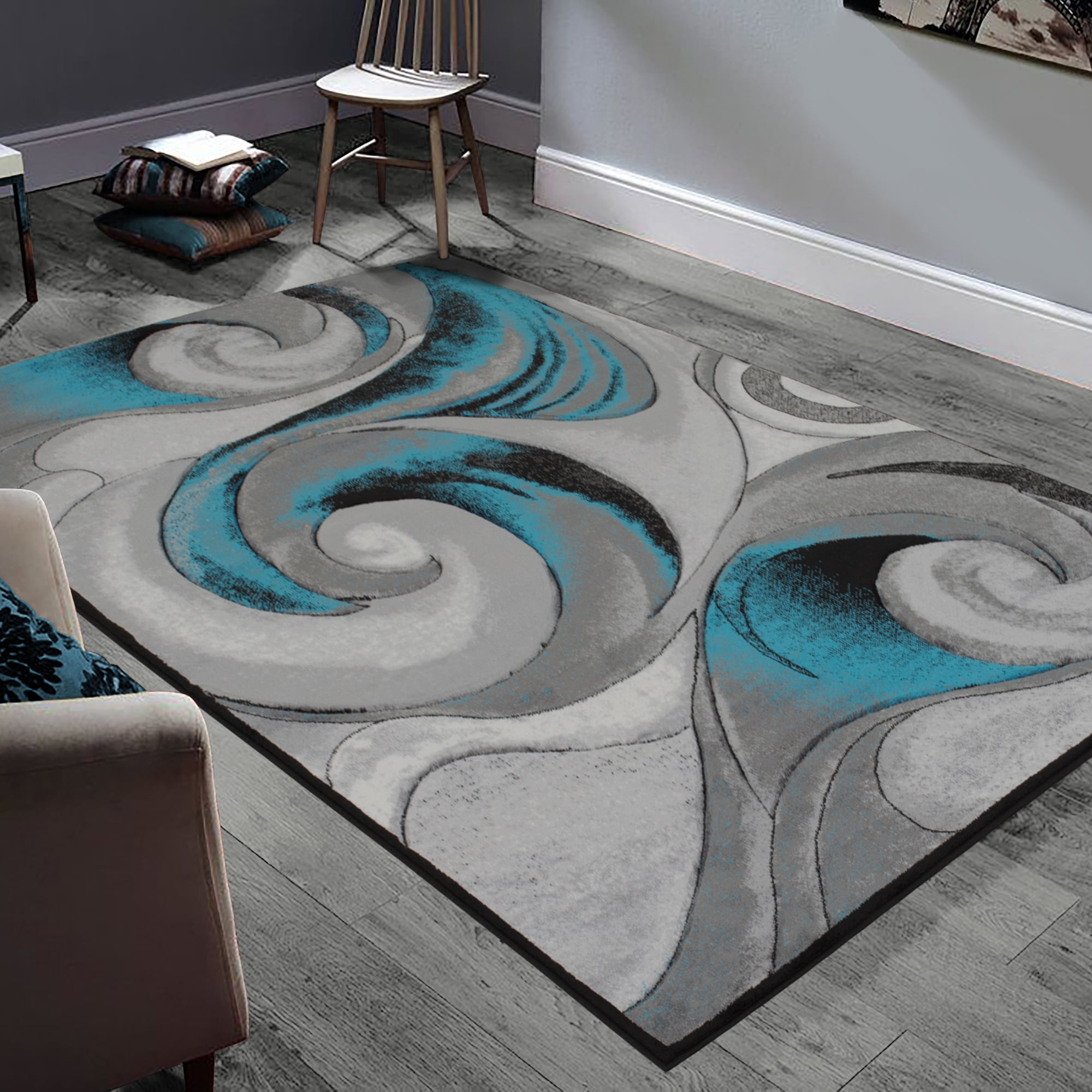 Allstar 5x7 Modern Area Rug in Blue with Turquoise Abstract Swirl ...