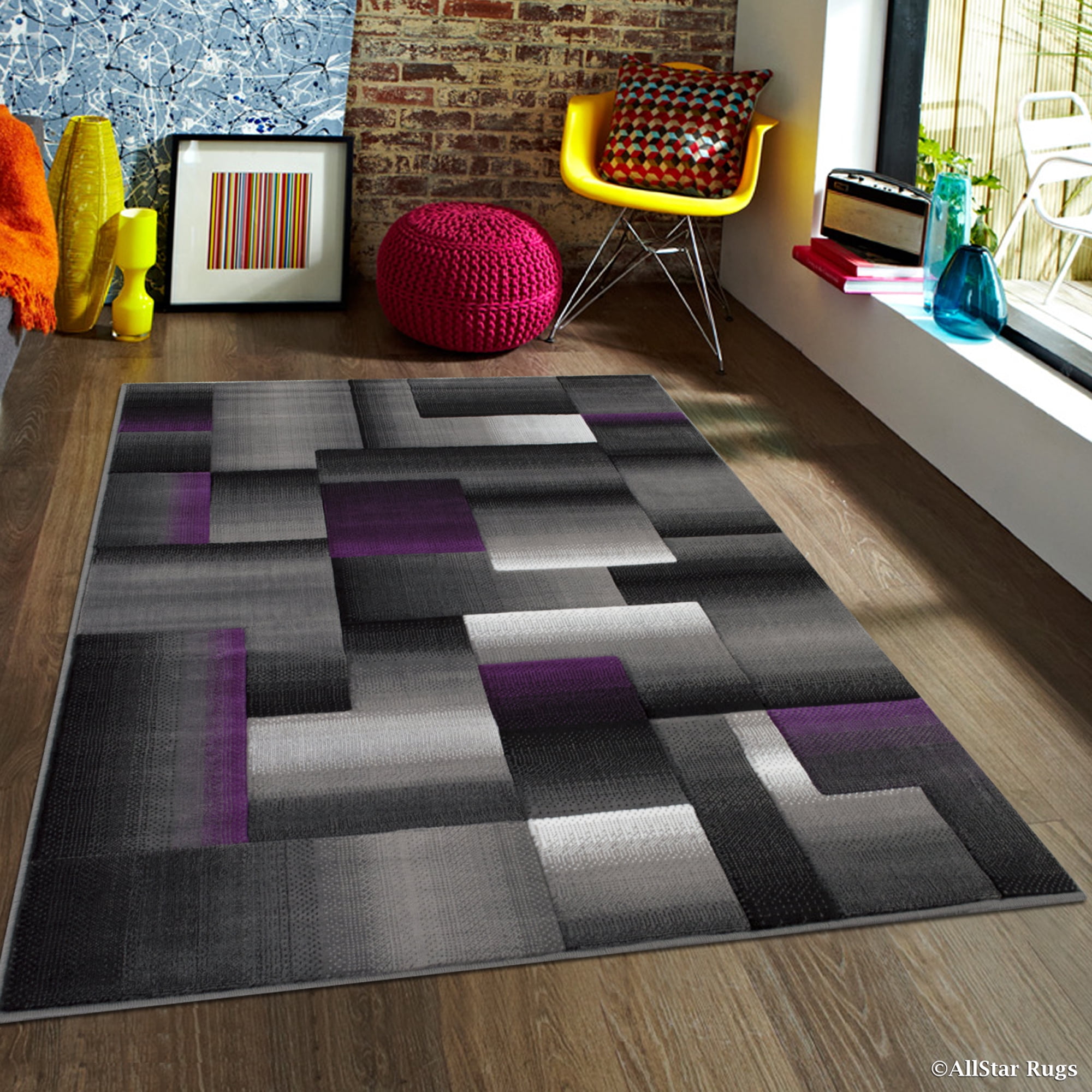 Allstar 5x7 Modern Purple Rug, Charcoal Grey Geometric Brick Gradient ...