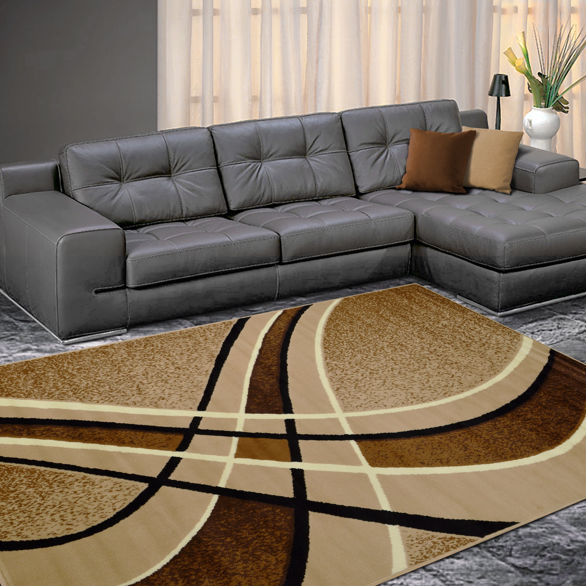 Allstar 8x10 Modern Accent Rug in Mocha with Ivory Abstract Curved Line ...