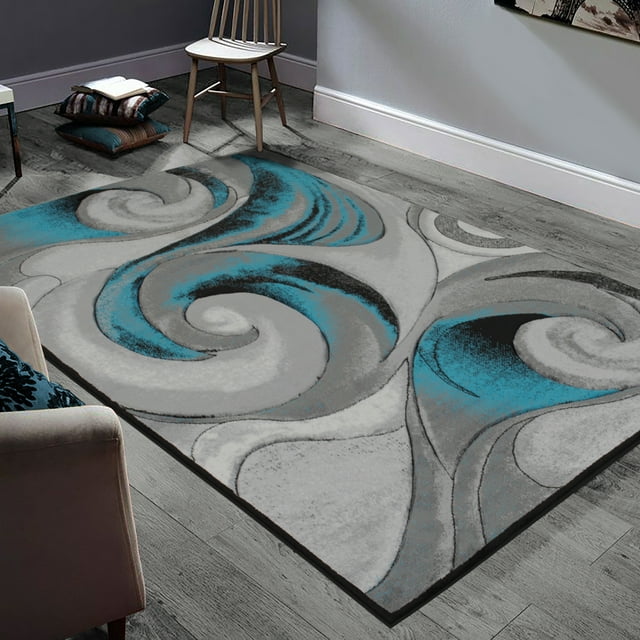 Allstar 8x10 Modern Area Rug in Blue with Turquoise Abstract Swirl ...