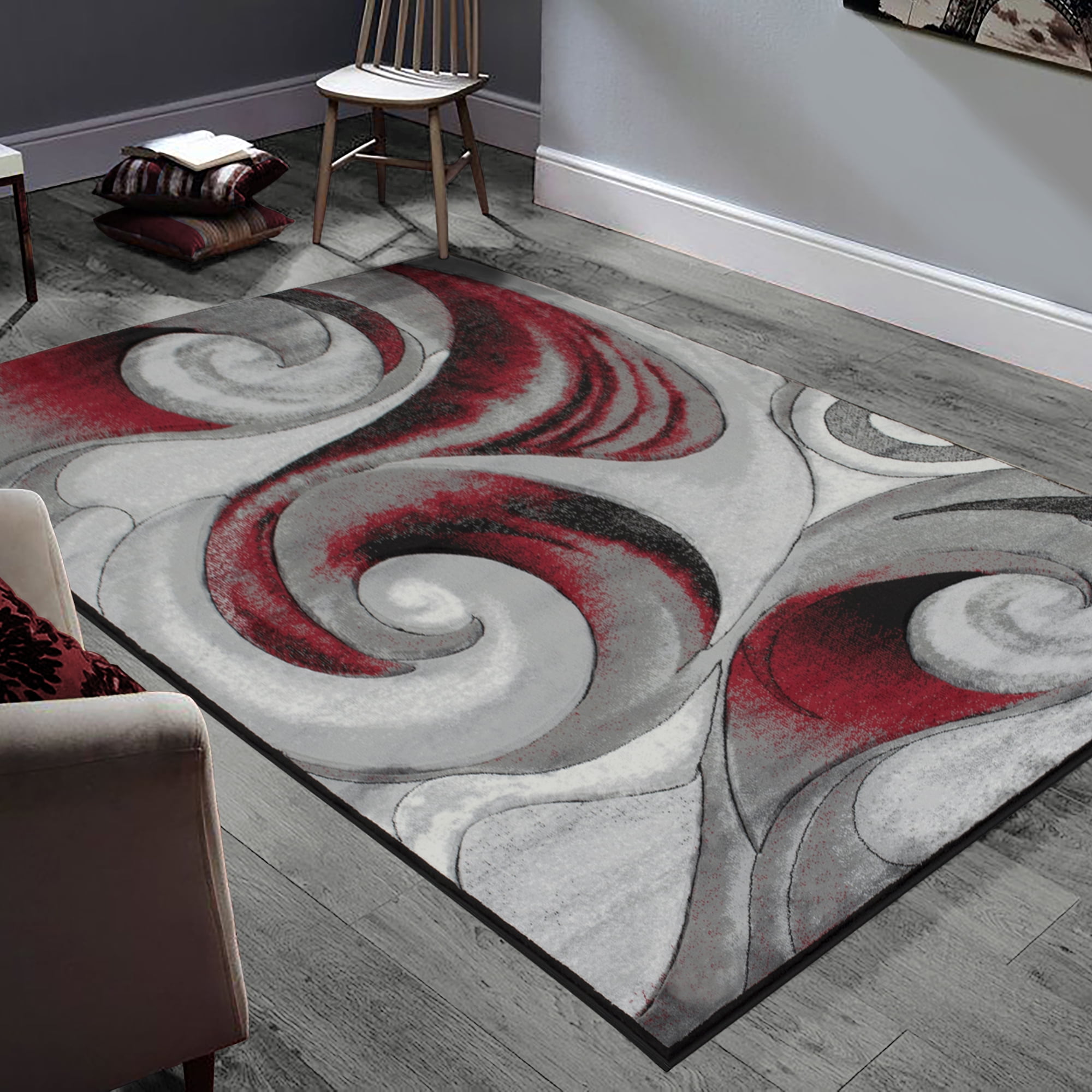 Allstar 8x10 Modern Area Rug in Red with Red Abstract Swirl design (7 ...
