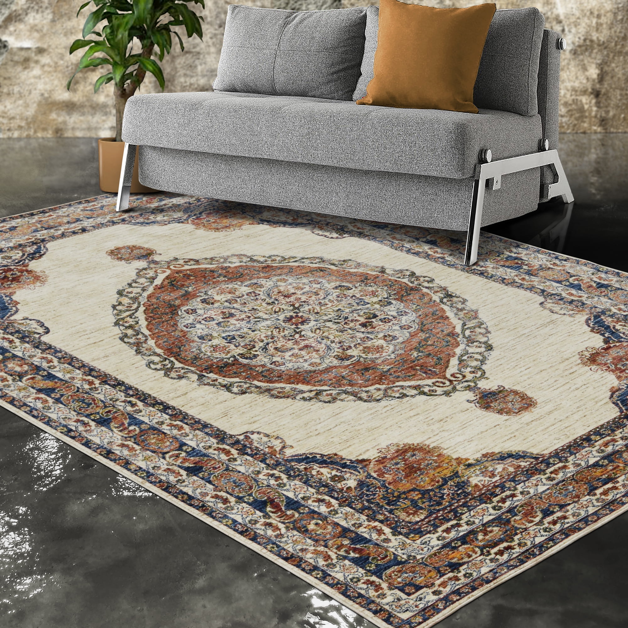 Allstar 8x10 Traditional Accent Rug in Ivory with Navy Blue Persian ...
