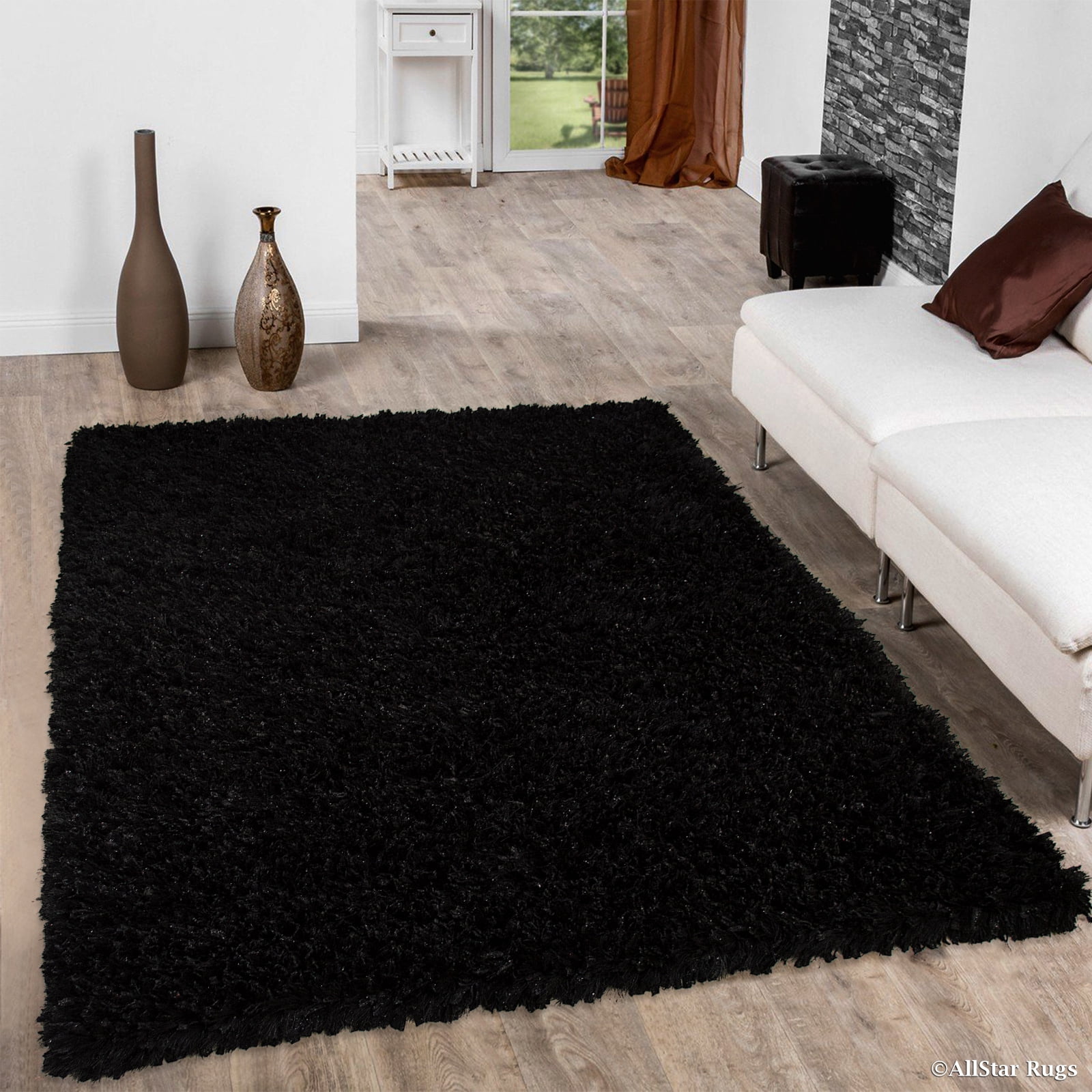 Allstar Black Solid Thick Modern Shaggy Area Rug (4' 11