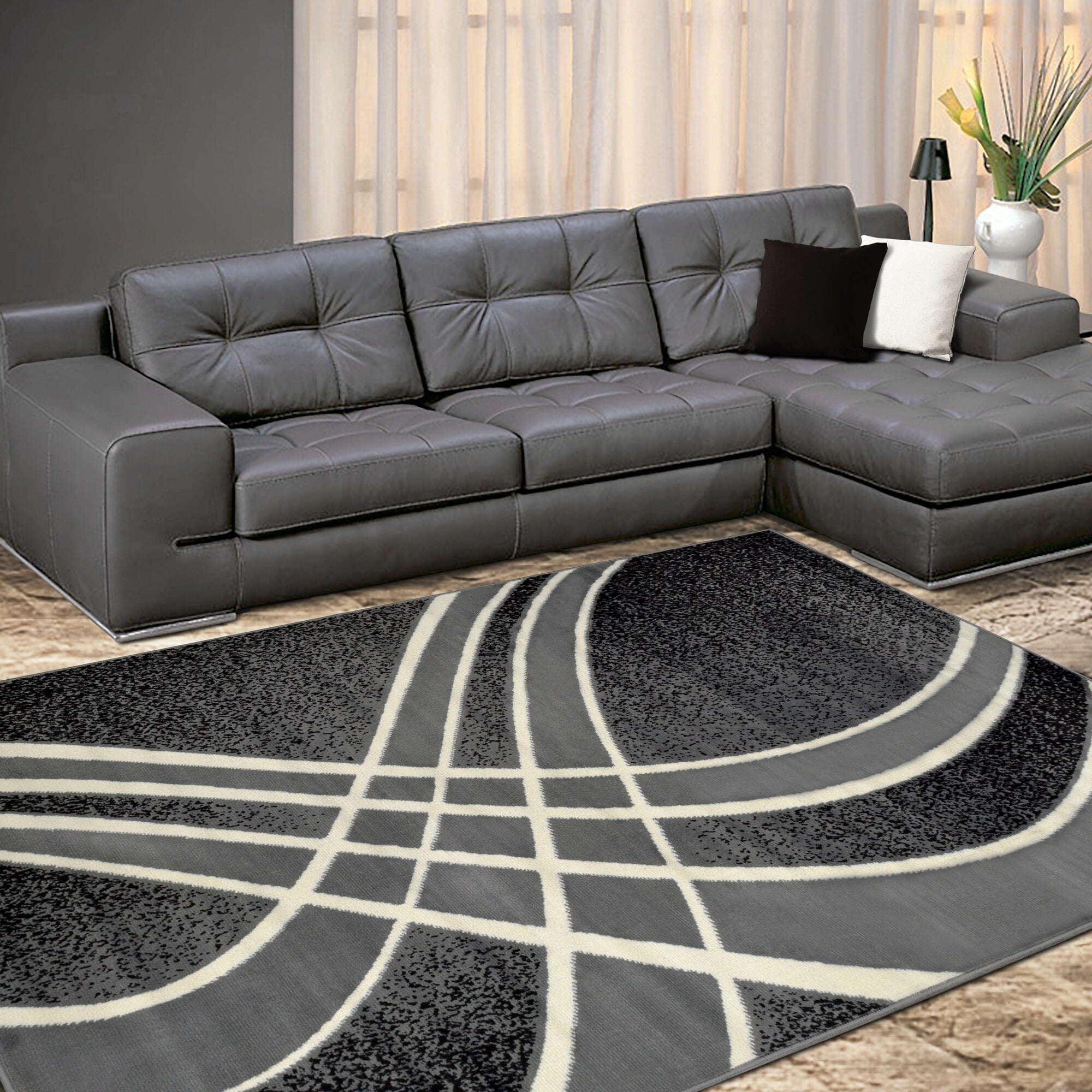 Allstar Modern Accent Rug with Curved Line design Charcoal Grey 5' x 8 ...