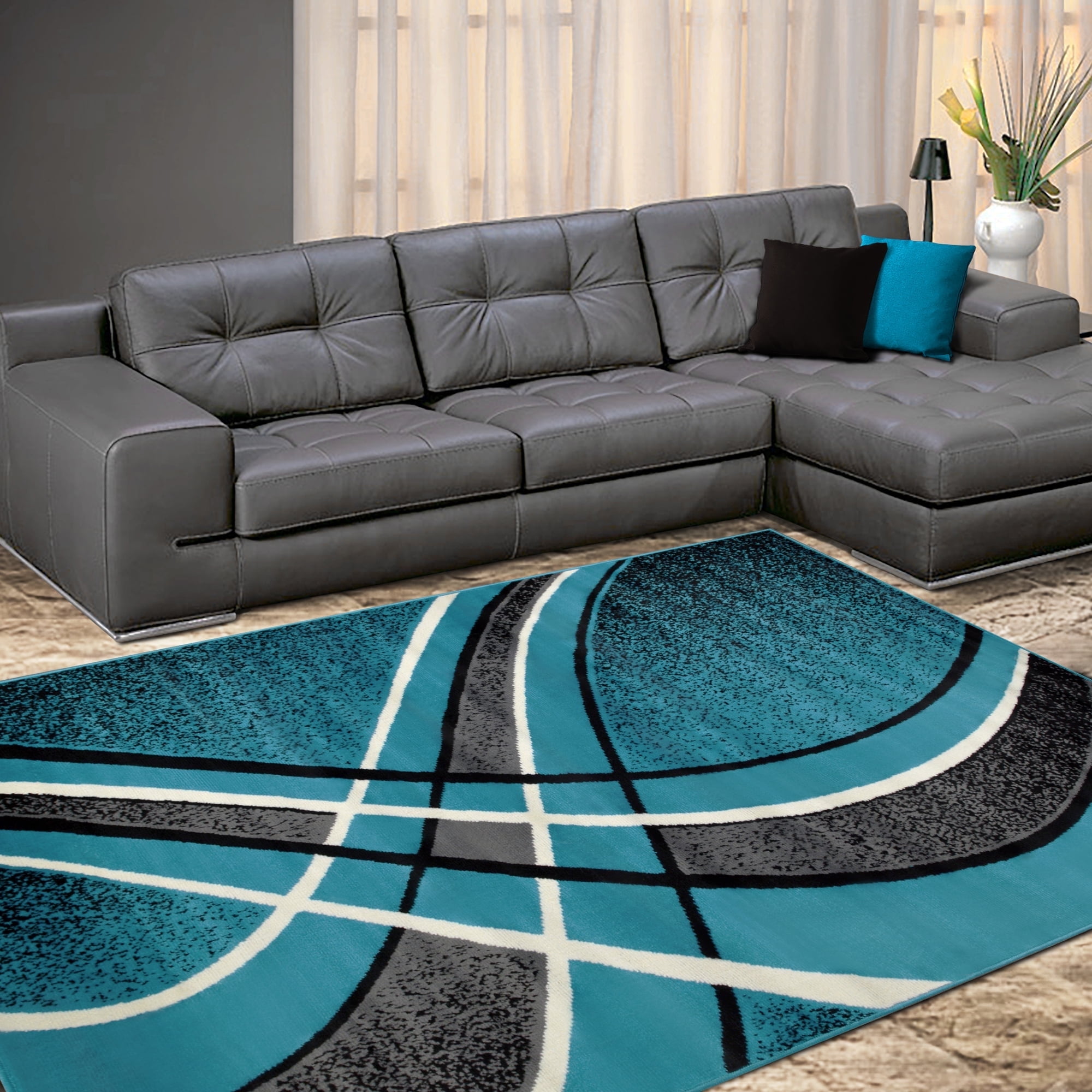 Allstar Modern Accent Rug with Curved Line design Deep Sky Blue 5' x 8 ...