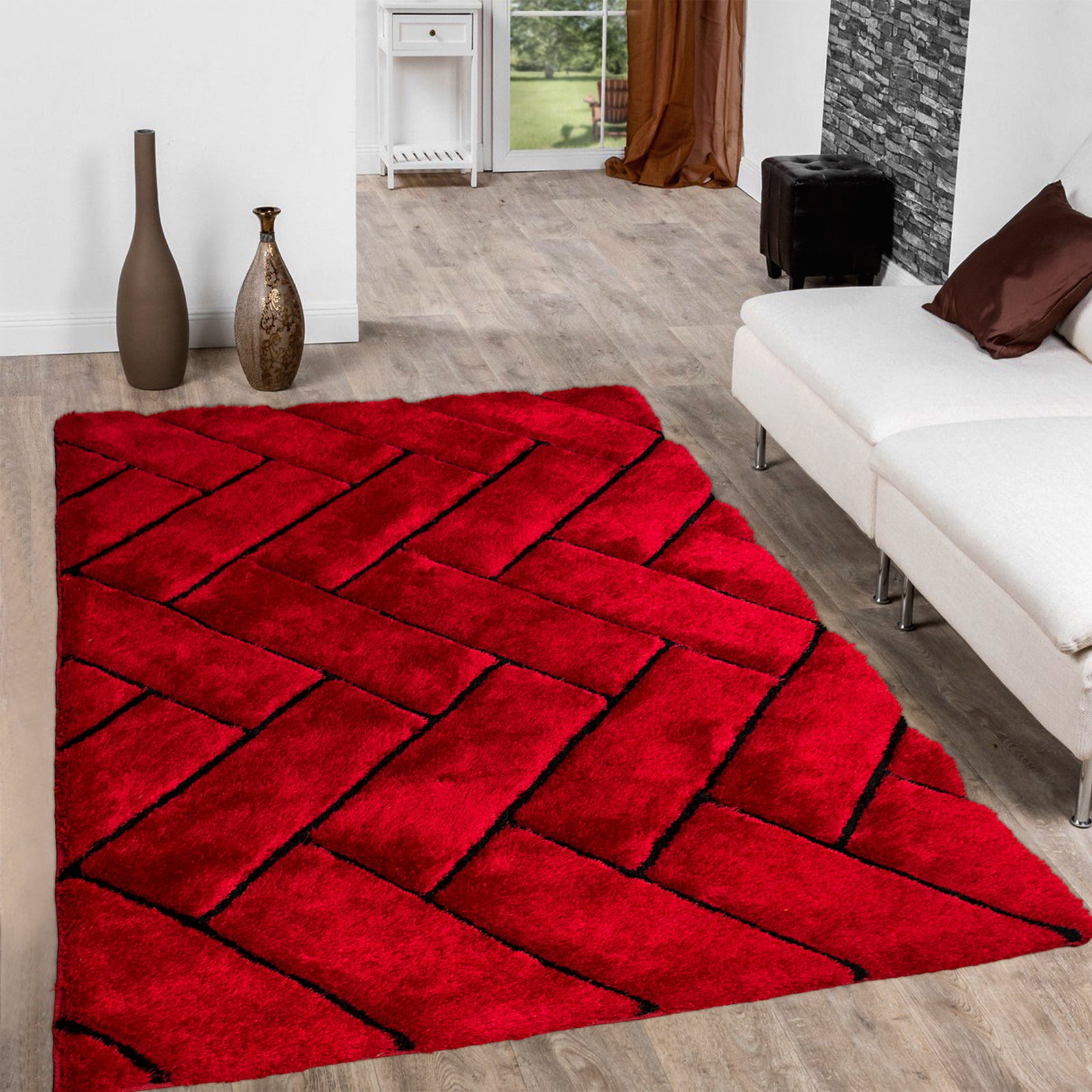 Allstar Red Shaggy Area Rug for Living Room, 3D Design, Black Lines ...