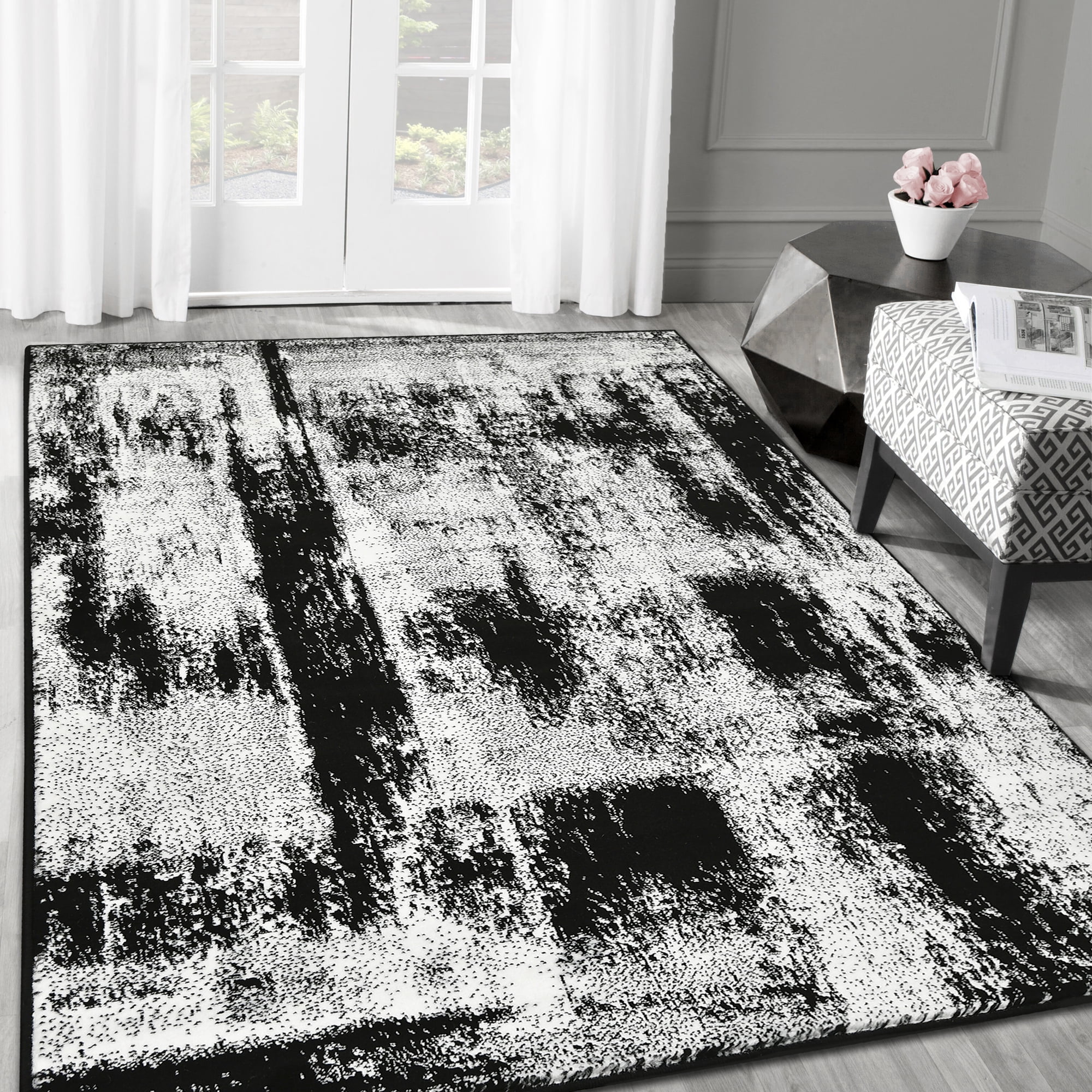 Allstar Rugs Modern Abstract Area Rug, 7'10"x10'0", White/Black/Grey ...
