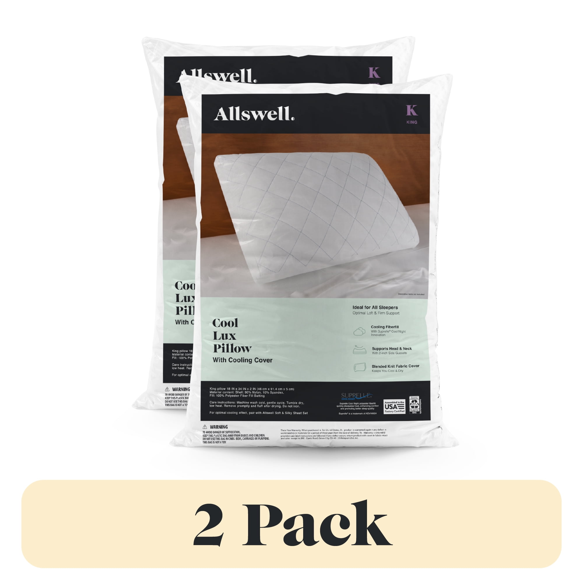 Free Shipping! Allswell Cooling Support Pillow King 2-Pack with Cooling Fiber Cover and 2-Inch ...