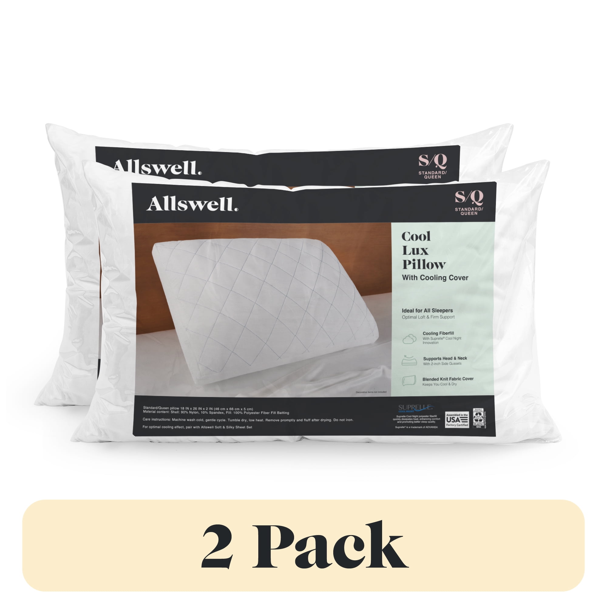 Allswell Cool Lux Bed Pillow with Cooling Cover, Standard/Queen, 2 Pack ...
