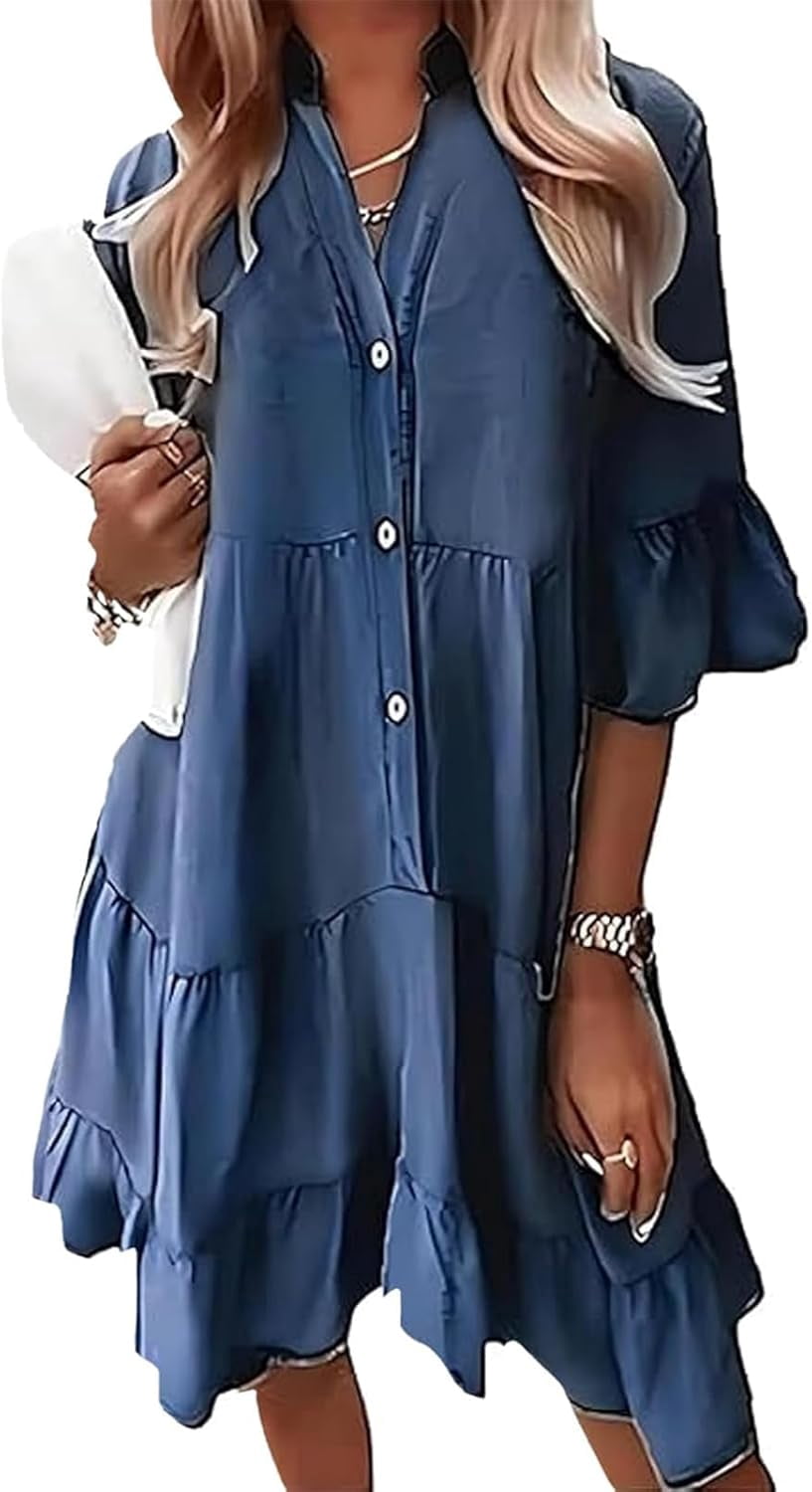 Alltoright Denim Dress, Alltoright V-Neck Ruffle Trim Summer Dress ...