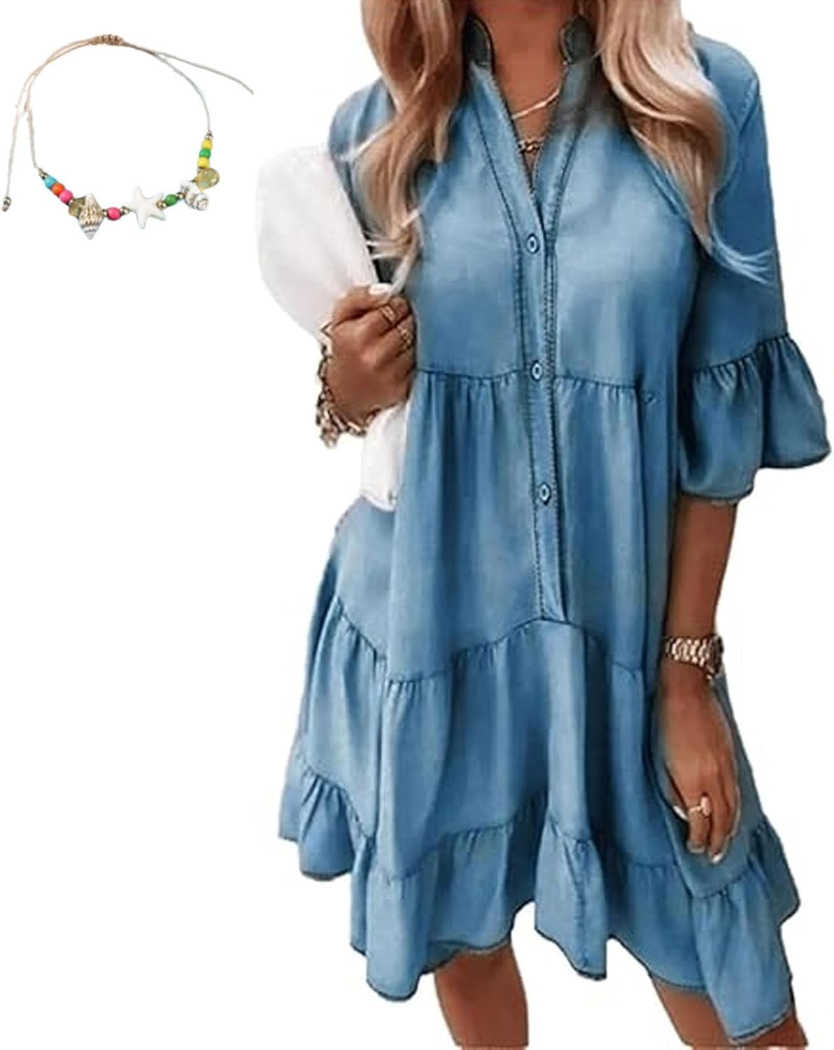 Alltoright Denim Dress, V-Neck Ruffle Trim Summer Dress - Lightweight ...