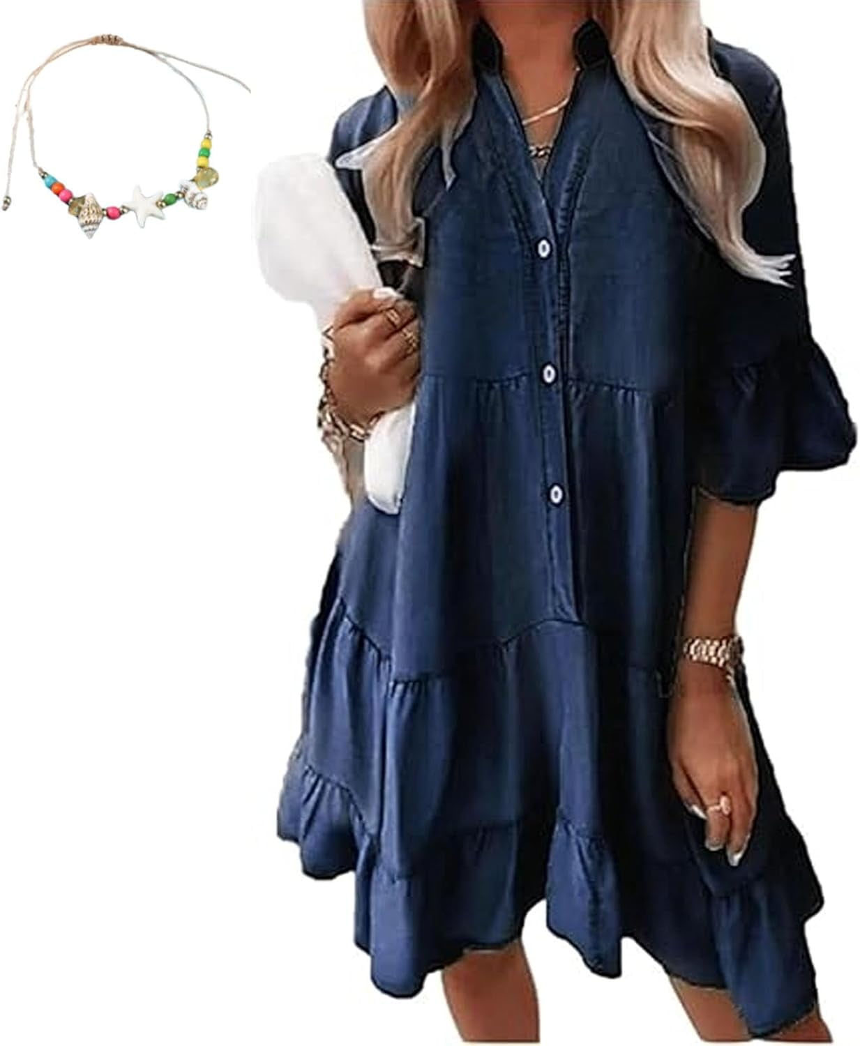 Alltoright Denim Dress, V-Neck Ruffle Trim Summer Dress - Lightweight ...