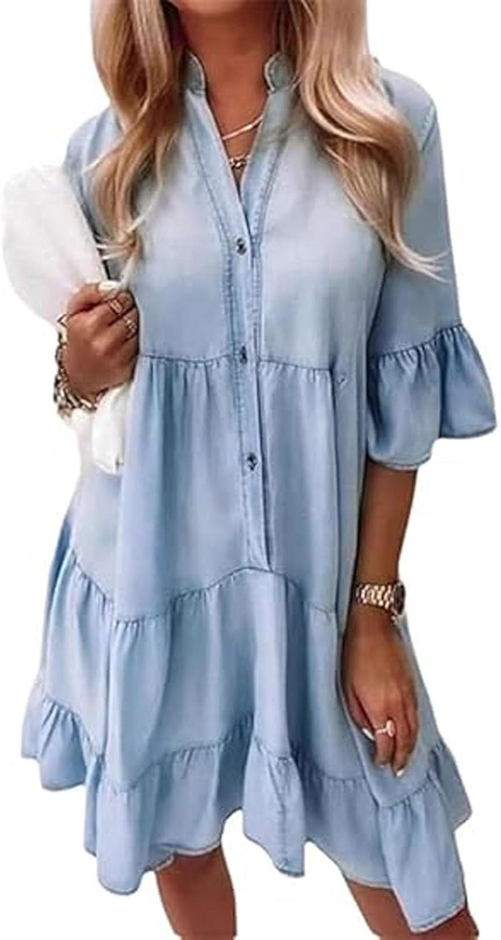 Alltoright Denim Dress for Women, Alltoright V-Neck Ruffle Trim Summer ...