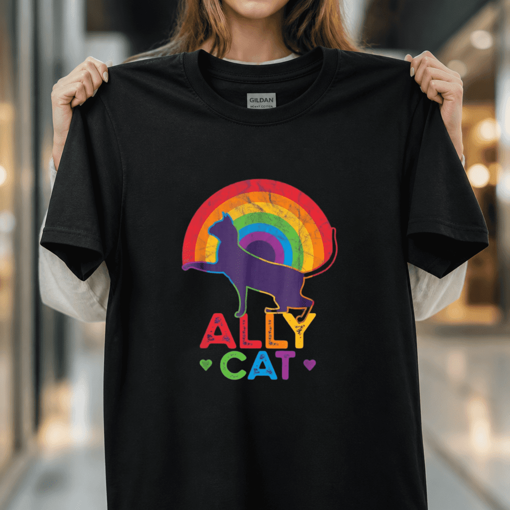 Ally Cat LGBTQ Pride Ally Cat With Rainbow Minimalist Line Art Unisex T ...