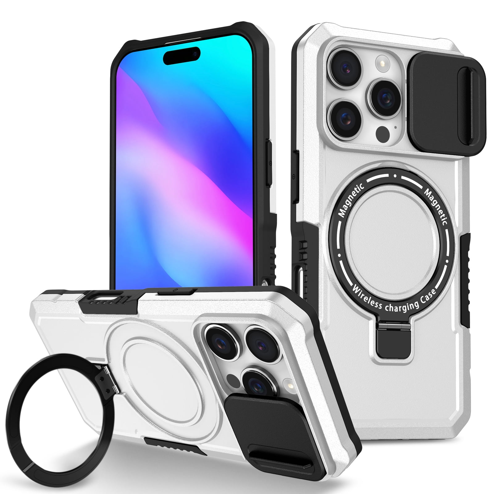 Allytechgroup Magnetic for iPhone 16 Pro Case with Kickstand, [Slide Camera Cover] Rotatable ...
