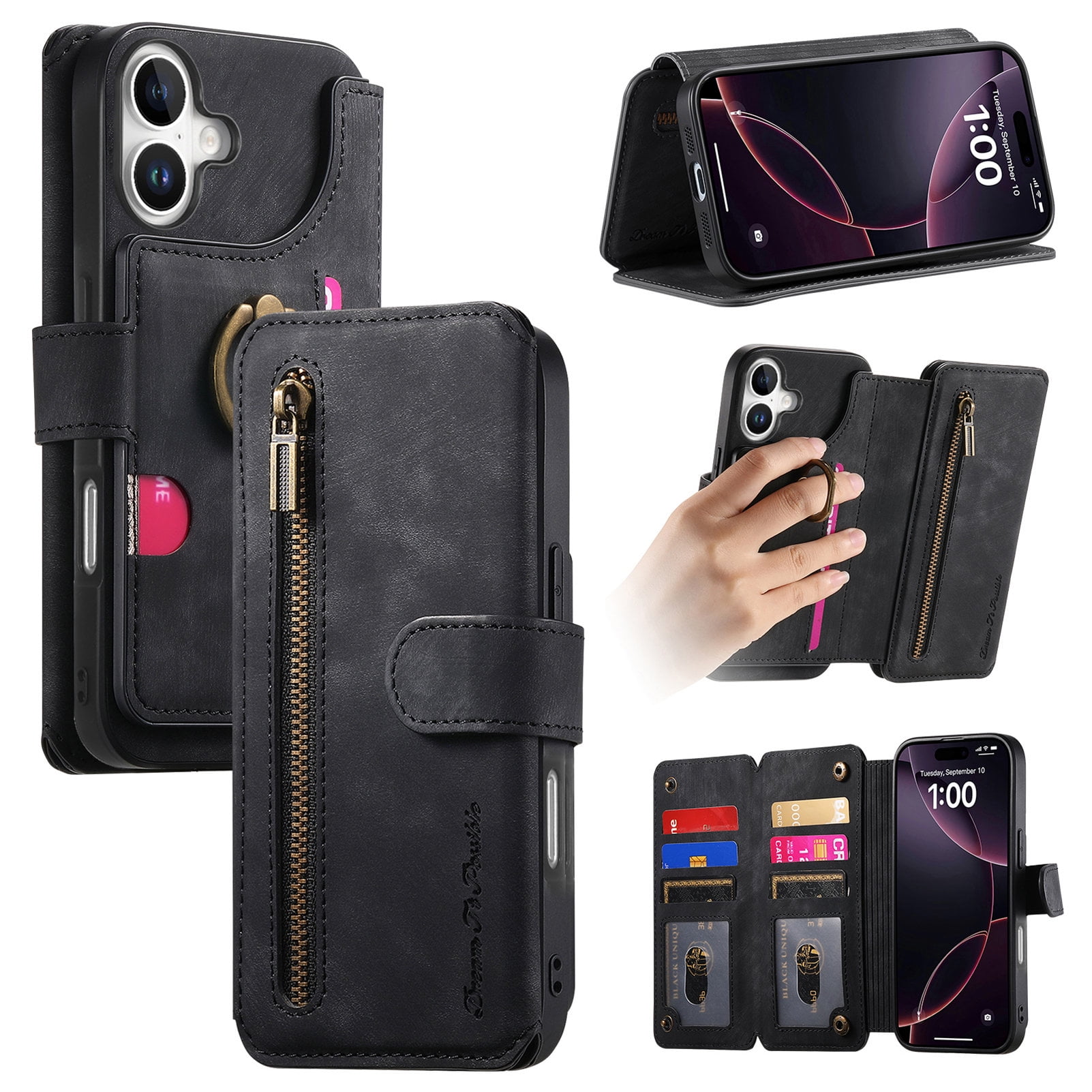 Allytechgroup PU Leather Case for iPhone 16 Plus, Built-in Credit Card ...