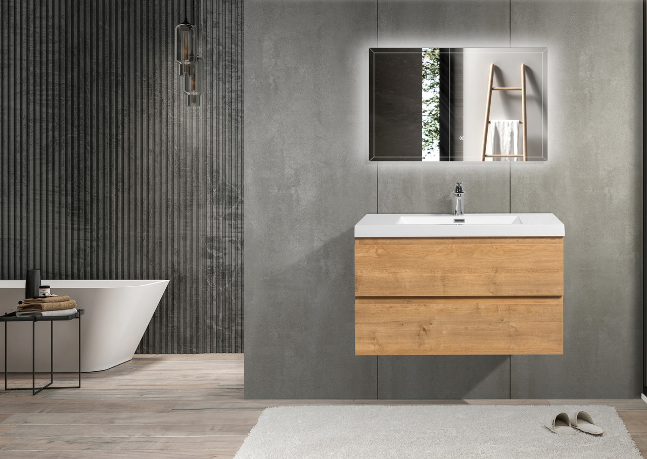 Alma 42 Inch Natural Oak Wall Mount Vanity With A integrated Sink ...