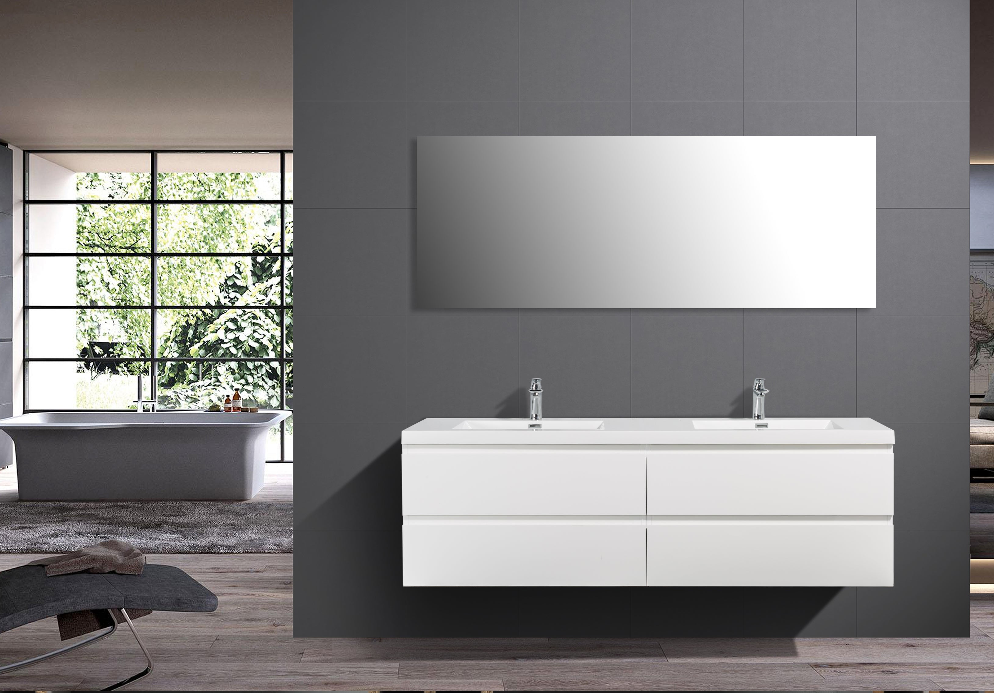 Alma 84 Inch Gloss White Wall Mount Vanity With A integrated Sink ...