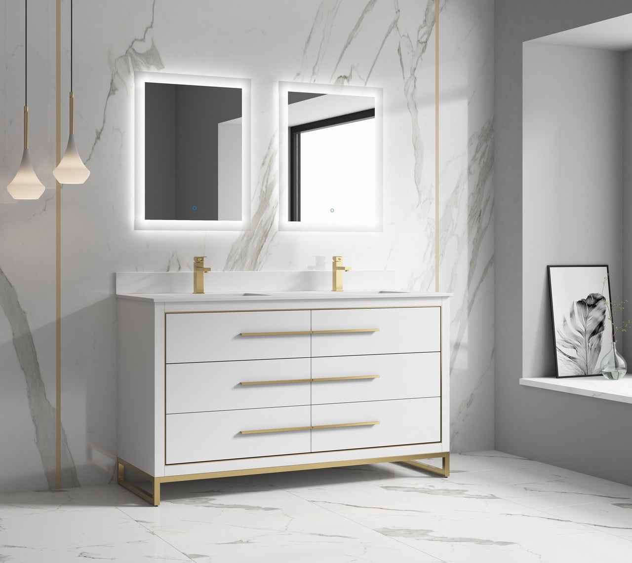 Alma Kathyia 60" Double Sink Vanity White Stone top with porcelain sink ...