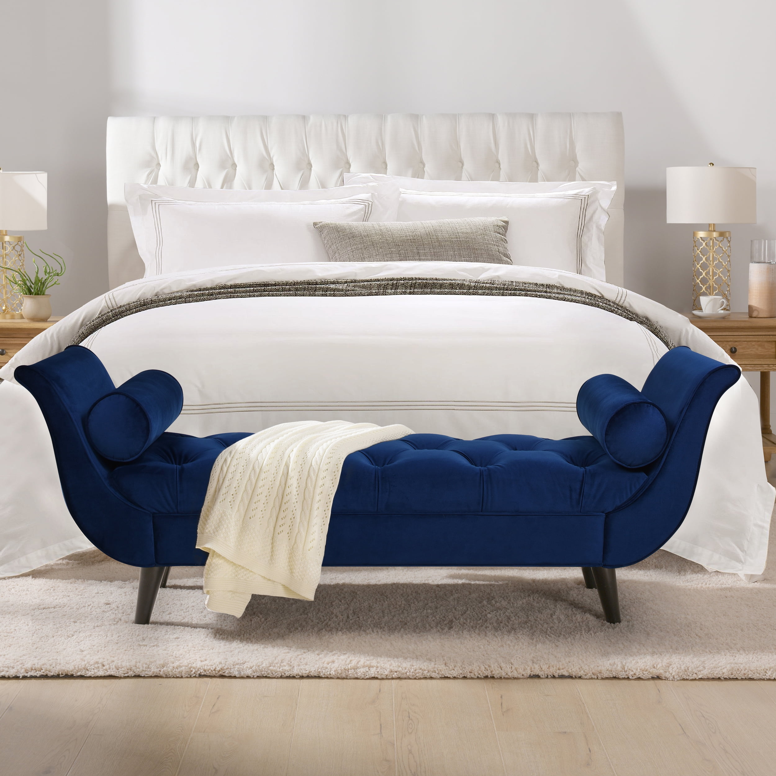 Alma Tufted Flared Arm Entryway Bench,Navy Blue Velvet,Navy Blue Velvet ...