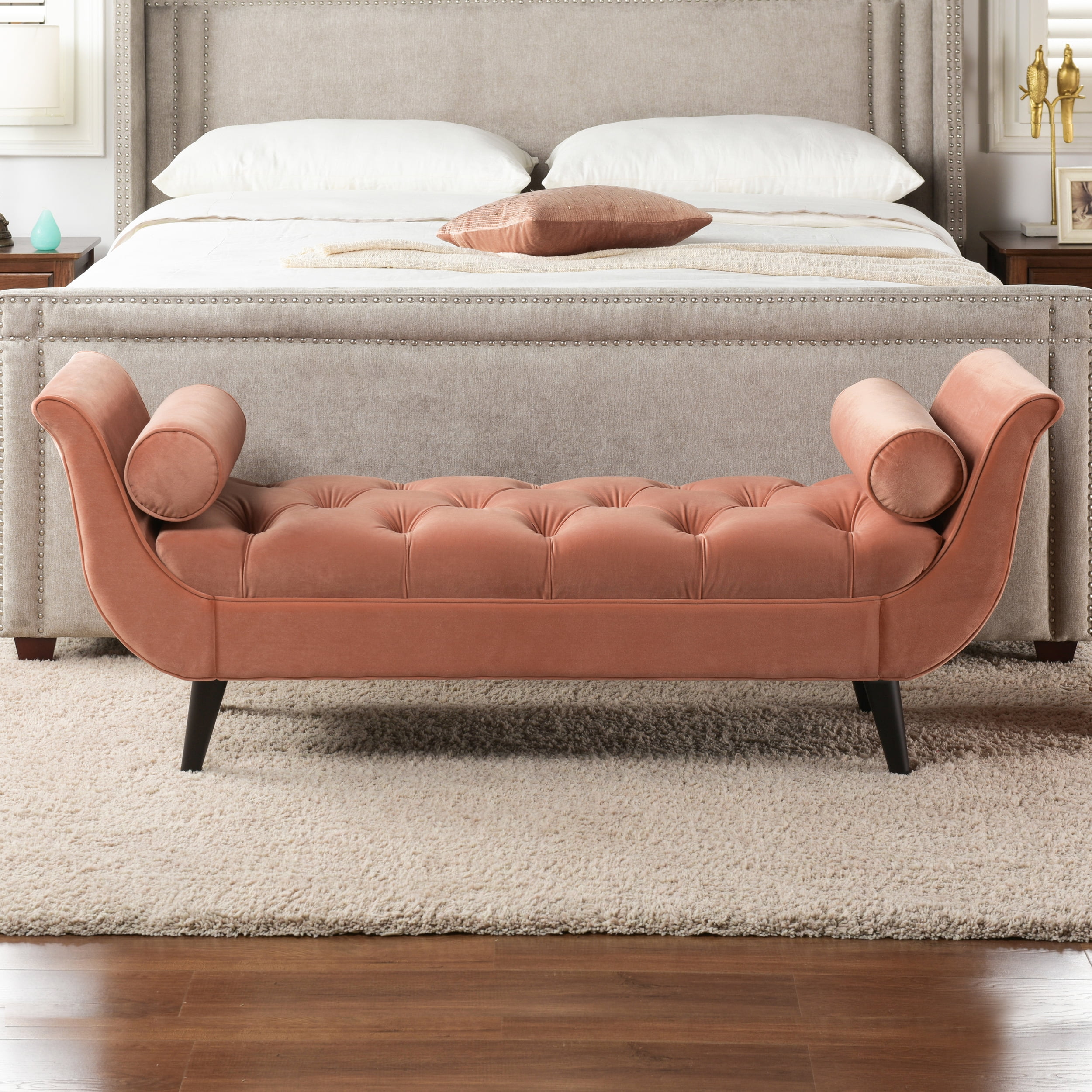 Alma Tufted Flared Arm Entryway Bench,Peach Orange Velvet,Orange Velvet ...
