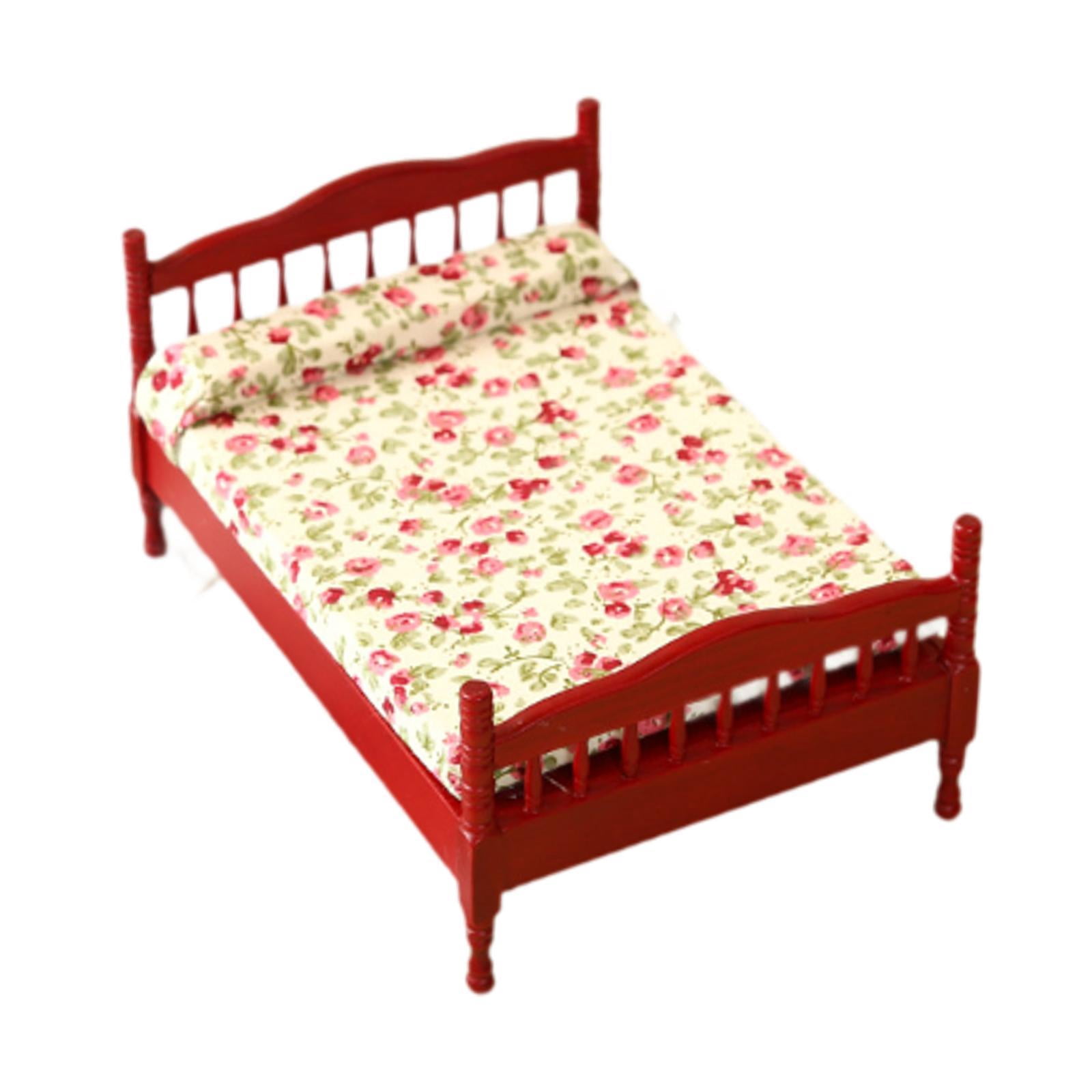Almencla 1/12 Dollhouse Bed Wooden Mini Bed,Dollhouse Decoration ...