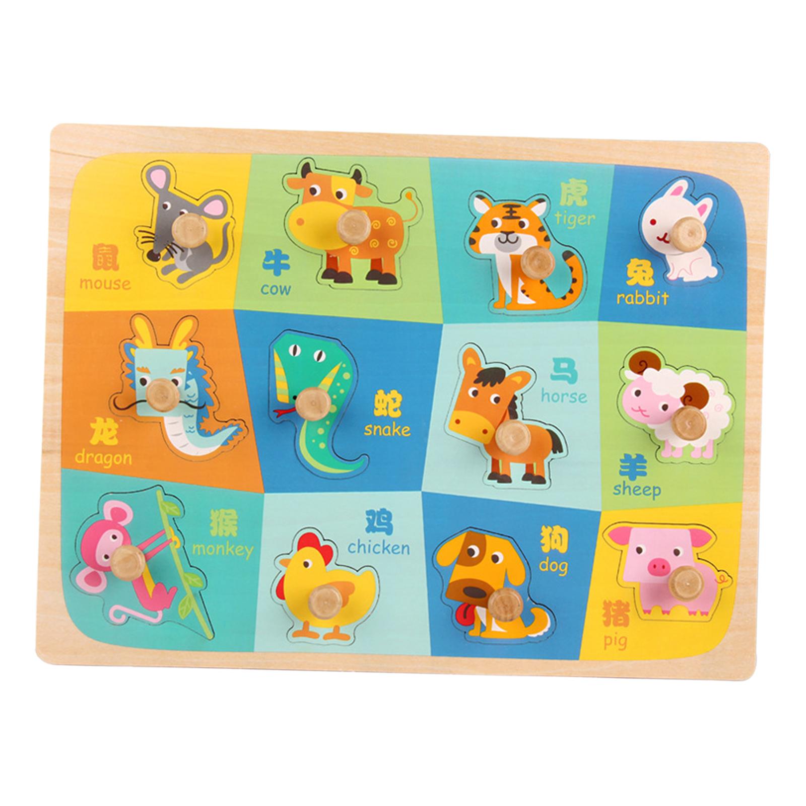 Almencla Wooden Toy Animal Jigsaw Puzzle Educational Learning Puzzles Set Baby Hand Grab Board ...