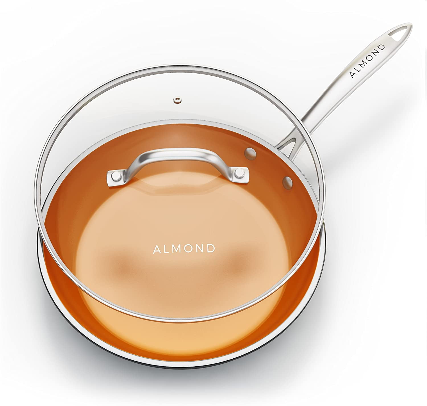 Almond 12 Inch Non-Stick Frying Pan with Lid - Copper Ceramic Fry Pans ...