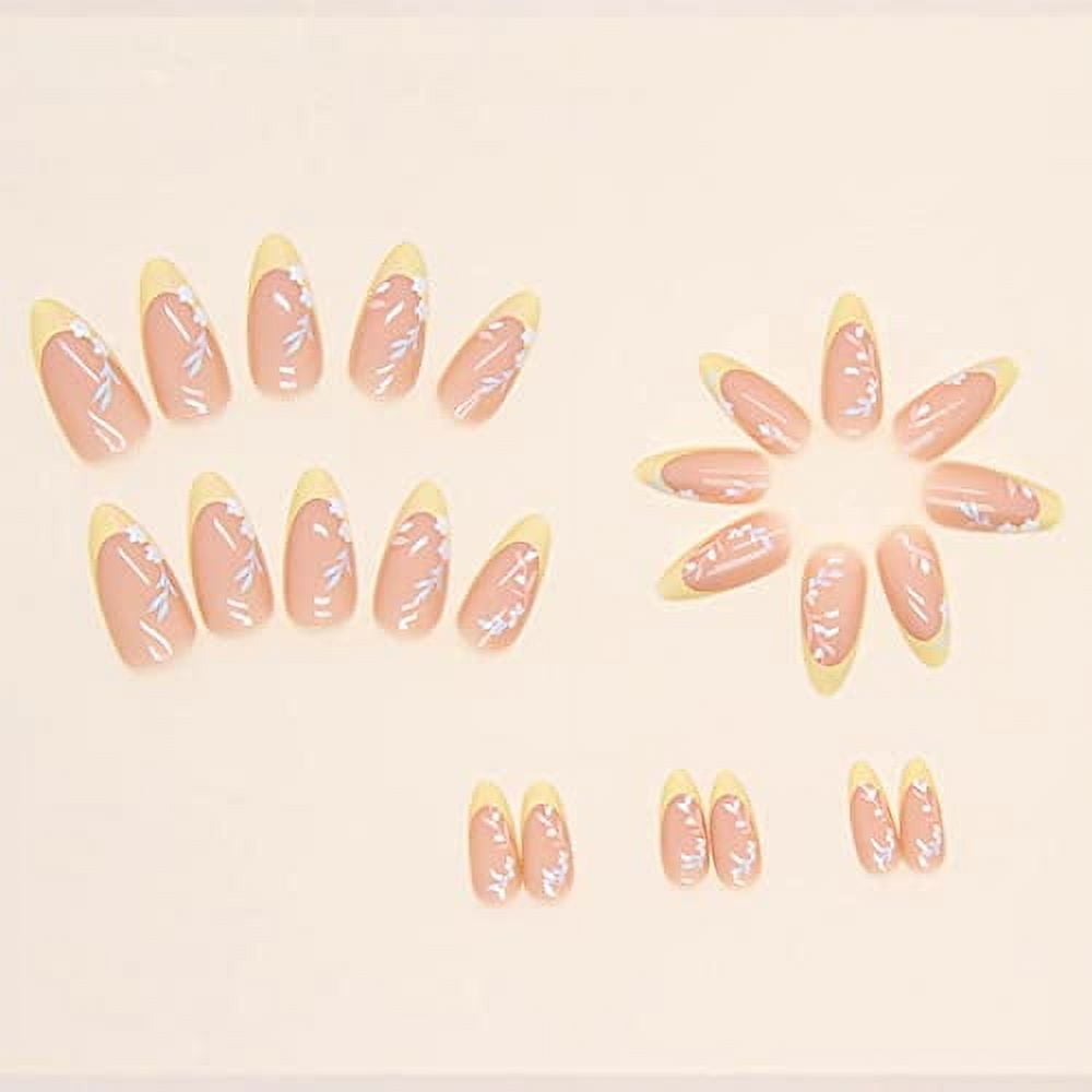 Almond Acrylic Nails Glossy Yellow Nails French Tip Press on Nails ...